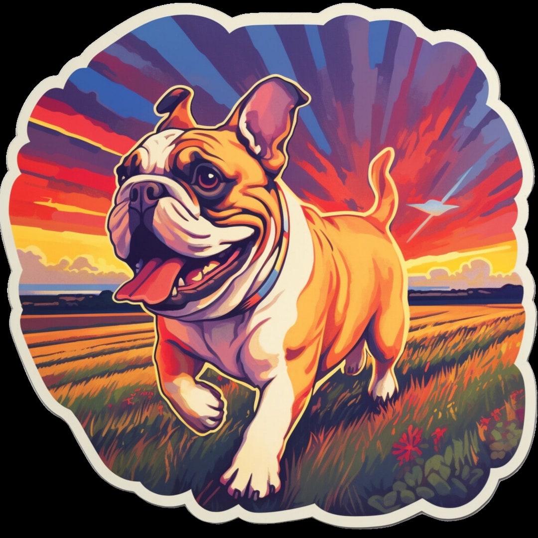 Waterproof Vinyl Sticker Bulldog Running Through Beautiful Field at ...