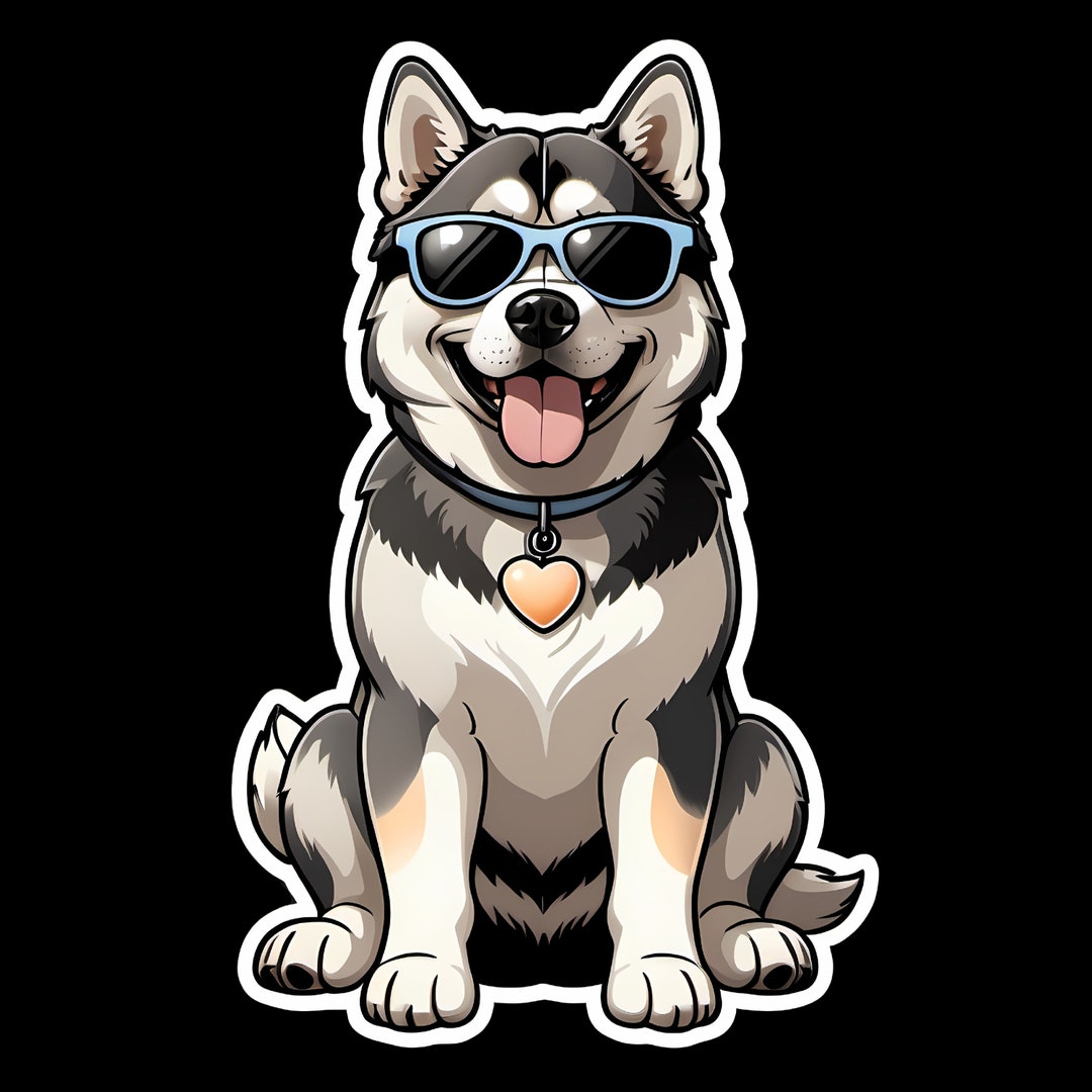 Vinyl Sticker Akita Dog Wearing Sunglasses Black & White Fur 2 Pastel ...