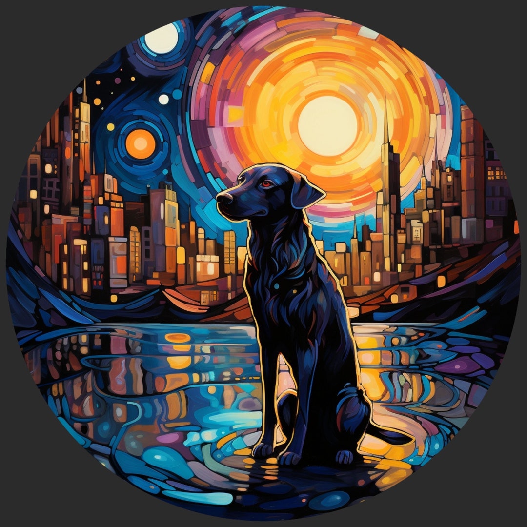 Waterproof Vinyl Sticker Black Lab Dog in Fantastical City, Under ...