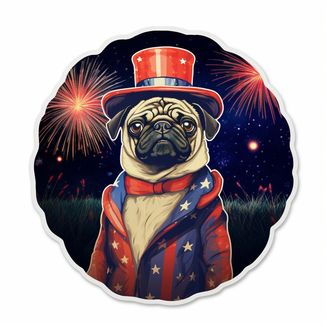 Sticker Pug Dog Watching 4th of July Fireworks From Beautiful Field - Etsy