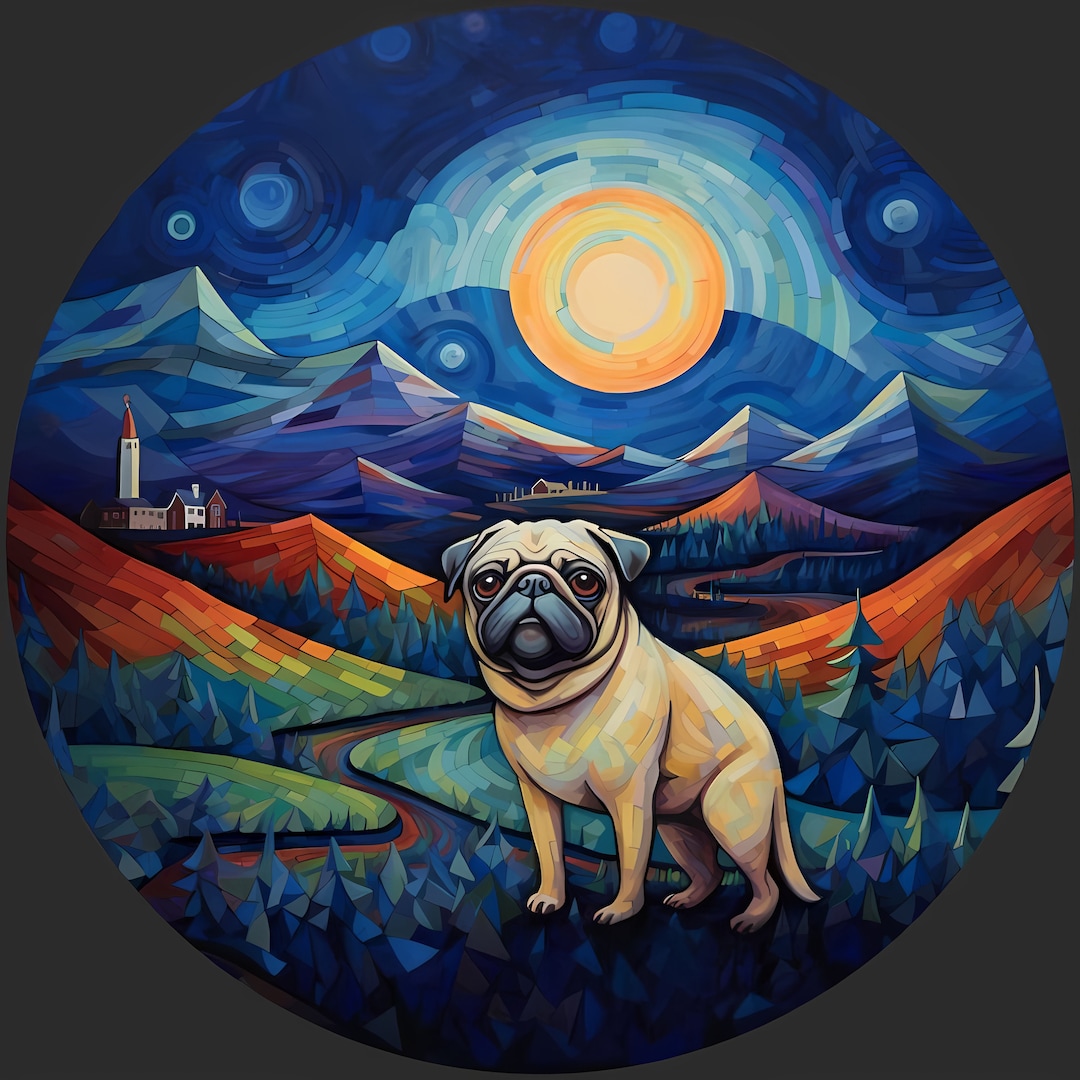 Sticker Pug Dog Hiking in the Mountains Under Night Sky and Bright Moon ...