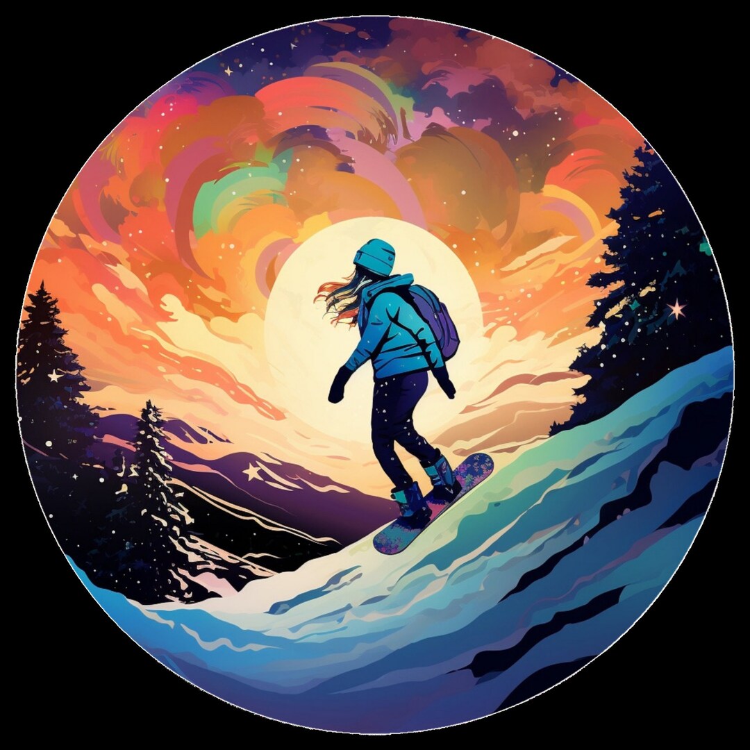 Female Snowboarder Riding Under Rainbow Sky Snowboarding White Powder ...