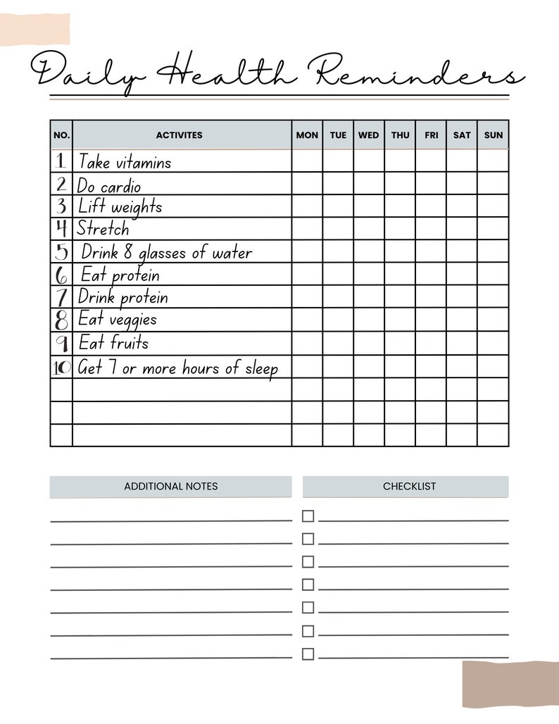 Printable Daily Health Reminders Self Care Checklist | Wellness Journal ...