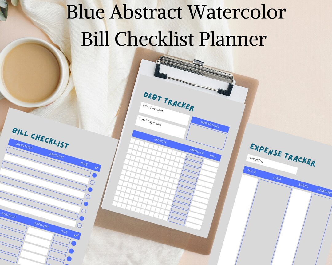 Blue & White Abstract Watercolor Bill Checklist Planner, Bill Tracker ...