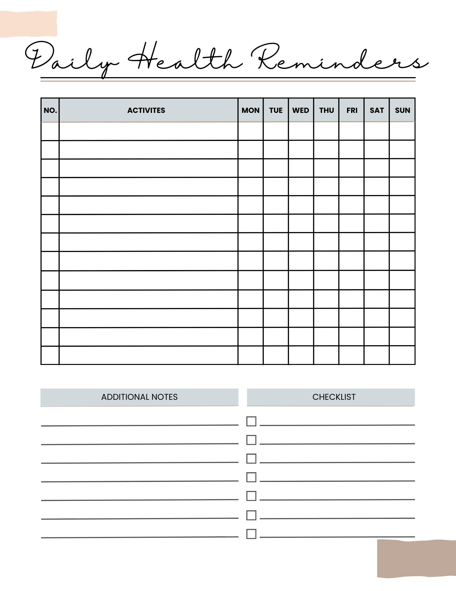 Printable Daily Health Reminders Self Care Checklist | Wellness Journal ...