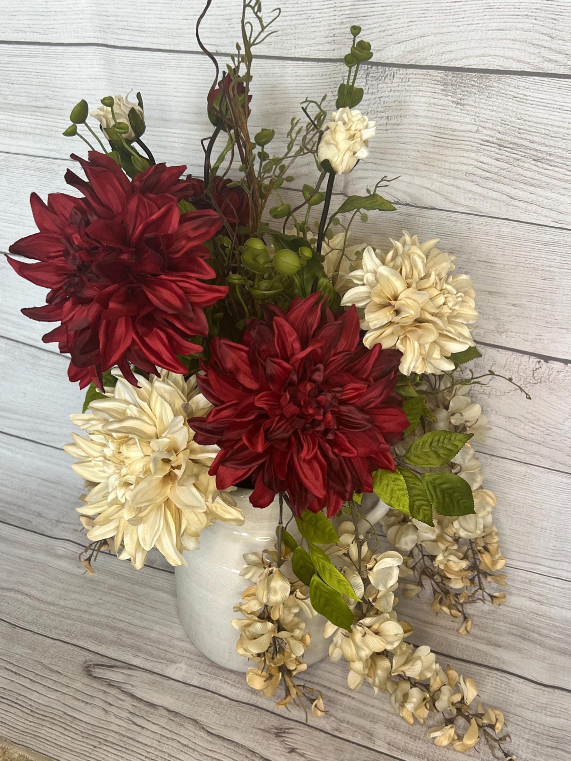Burgundy & Ivory Dahlias With Wisteria Arrangement, Artificial Floral ...