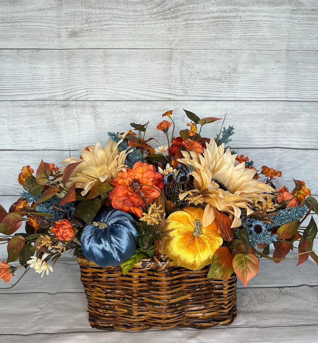 Fall Wicker Basket Floral Arrangement, Fall Centerpiece, Fall Mantel ...