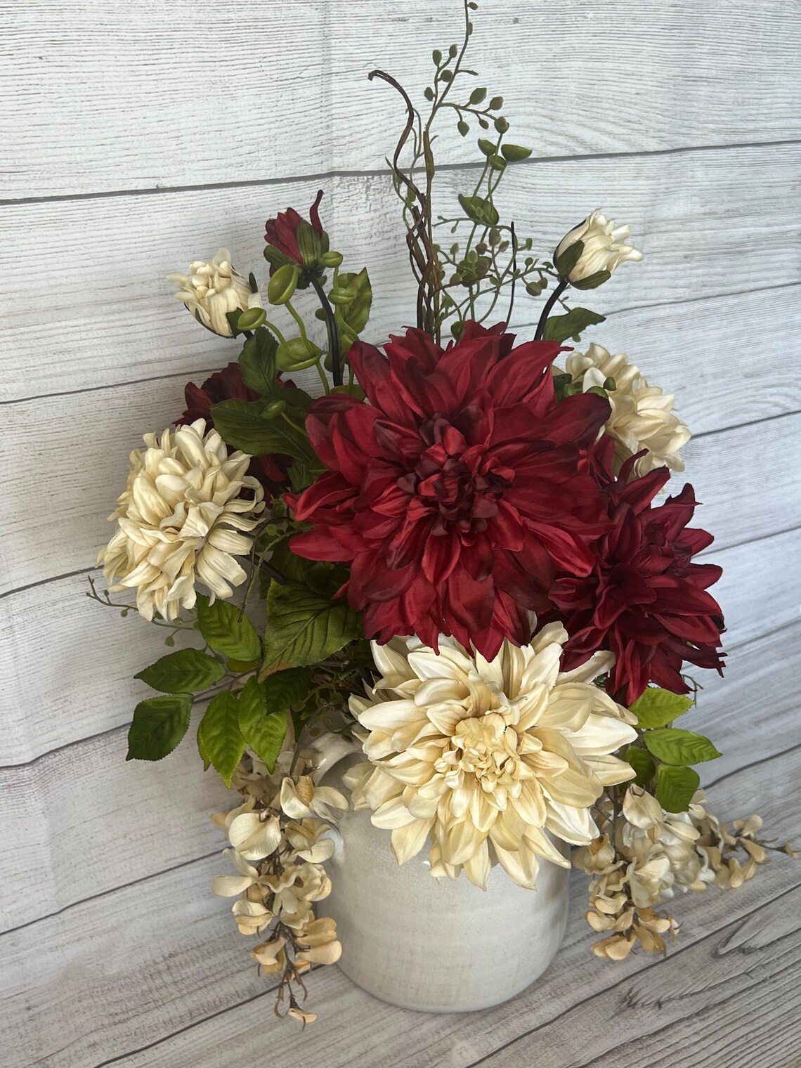 Burgundy & Ivory Dahlias With Wisteria Arrangement, Artificial Floral ...