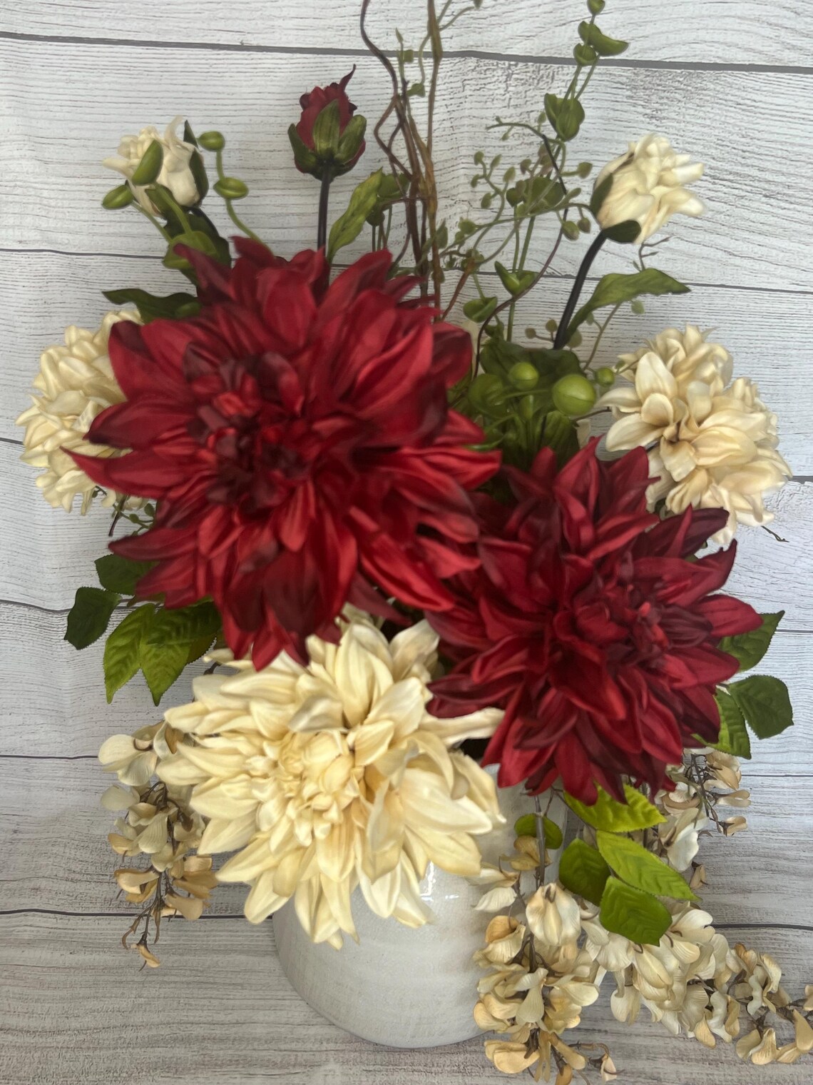 Burgundy & Ivory Dahlias With Wisteria Arrangement, Artificial Floral ...