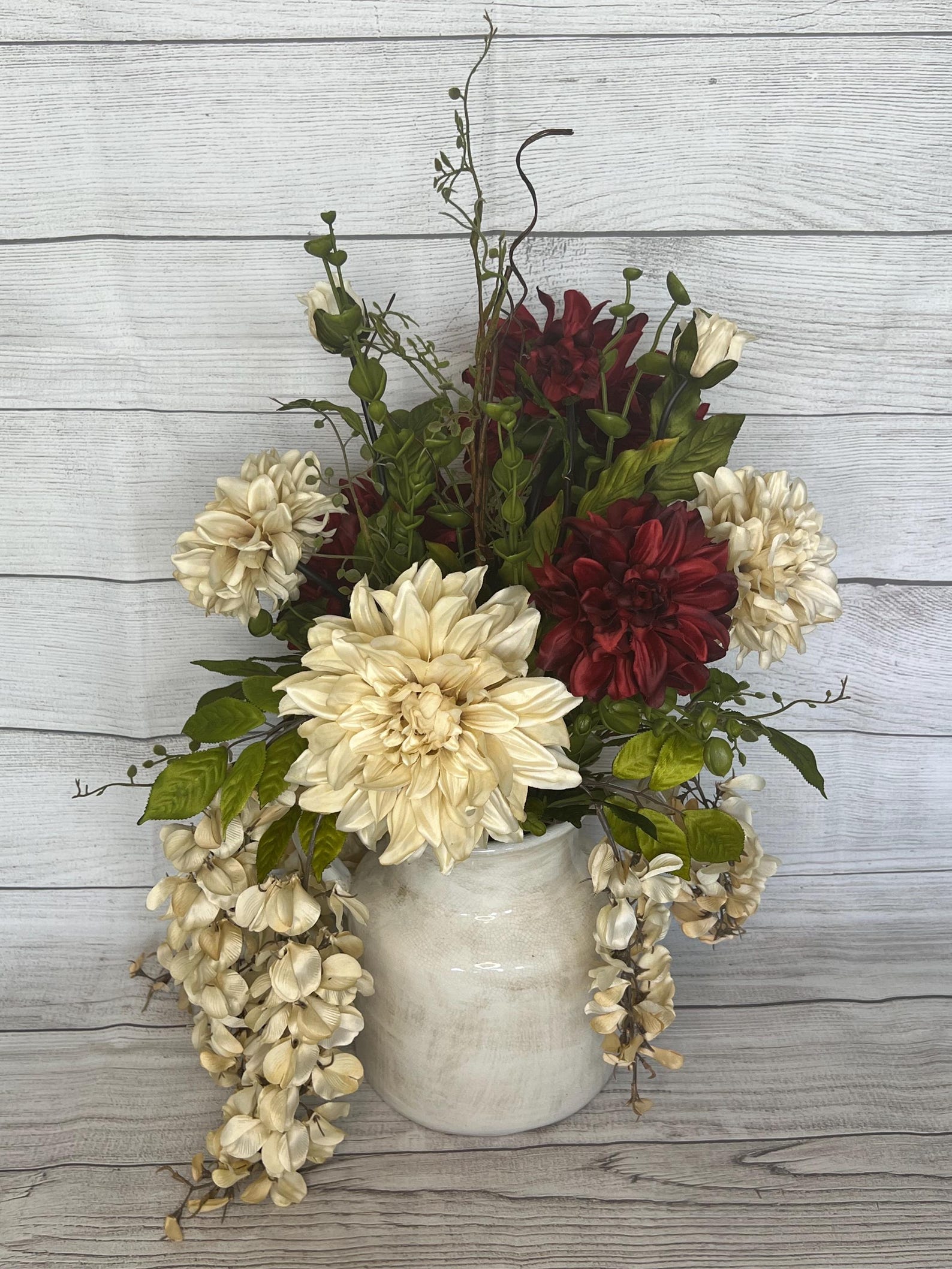 Burgundy & Ivory Dahlias With Wisteria Arrangement, Artificial Floral ...