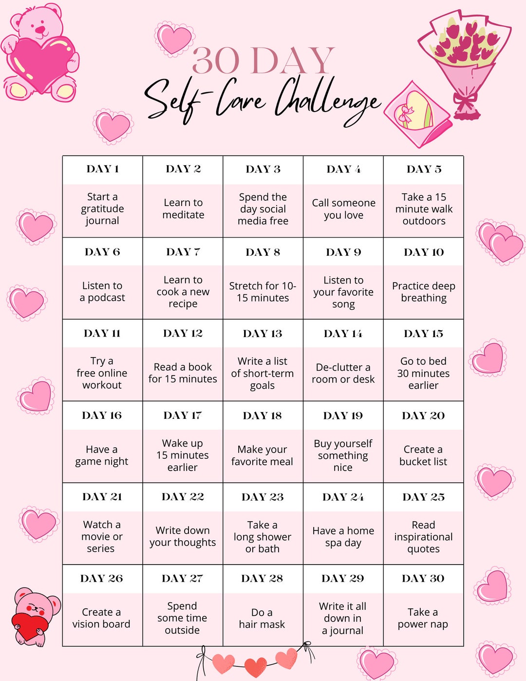 30 Days Self Care Challenges Planner Etsy