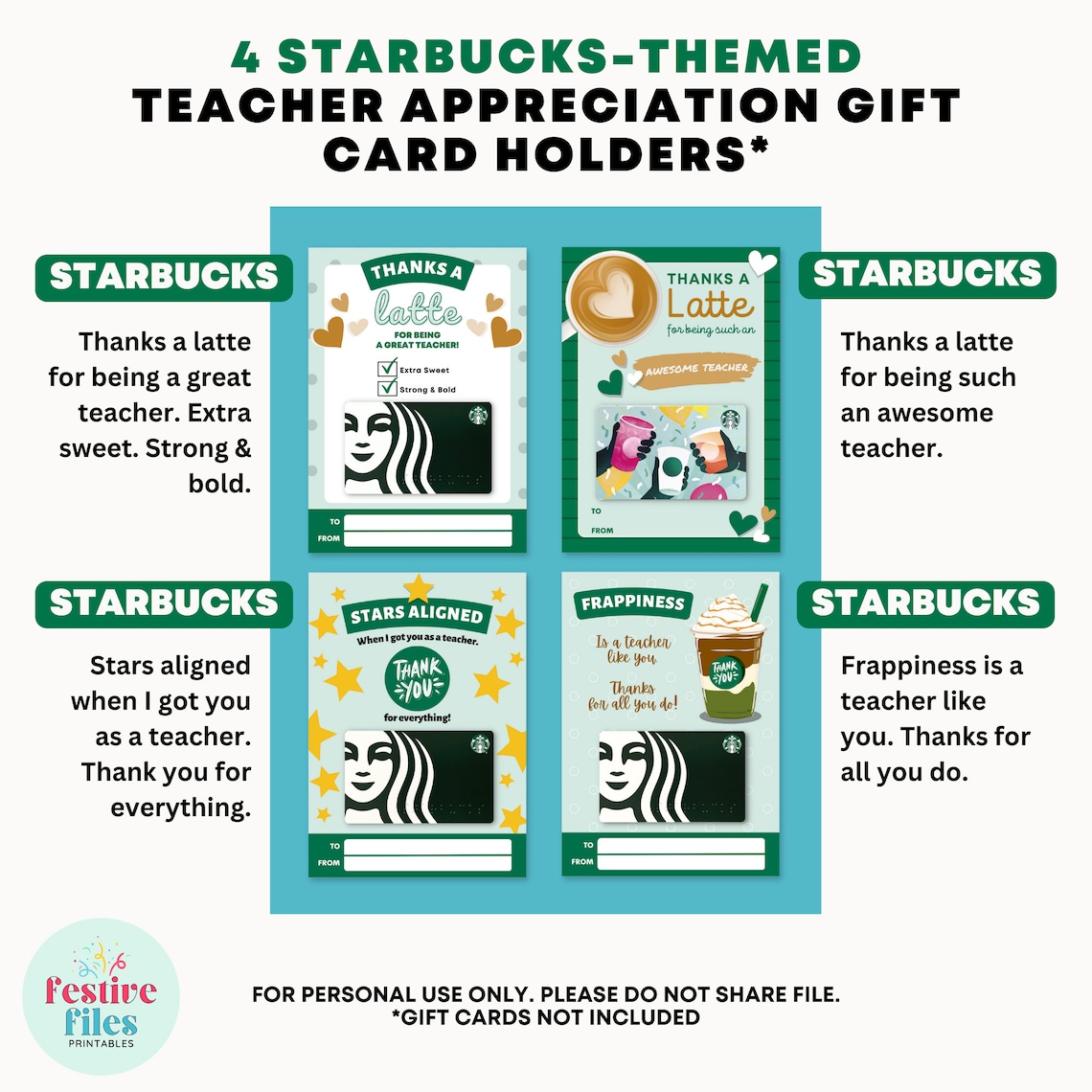 Teacher Gift Card Holder Multi-pack Starbucks Gift Card Holders Teacher ...