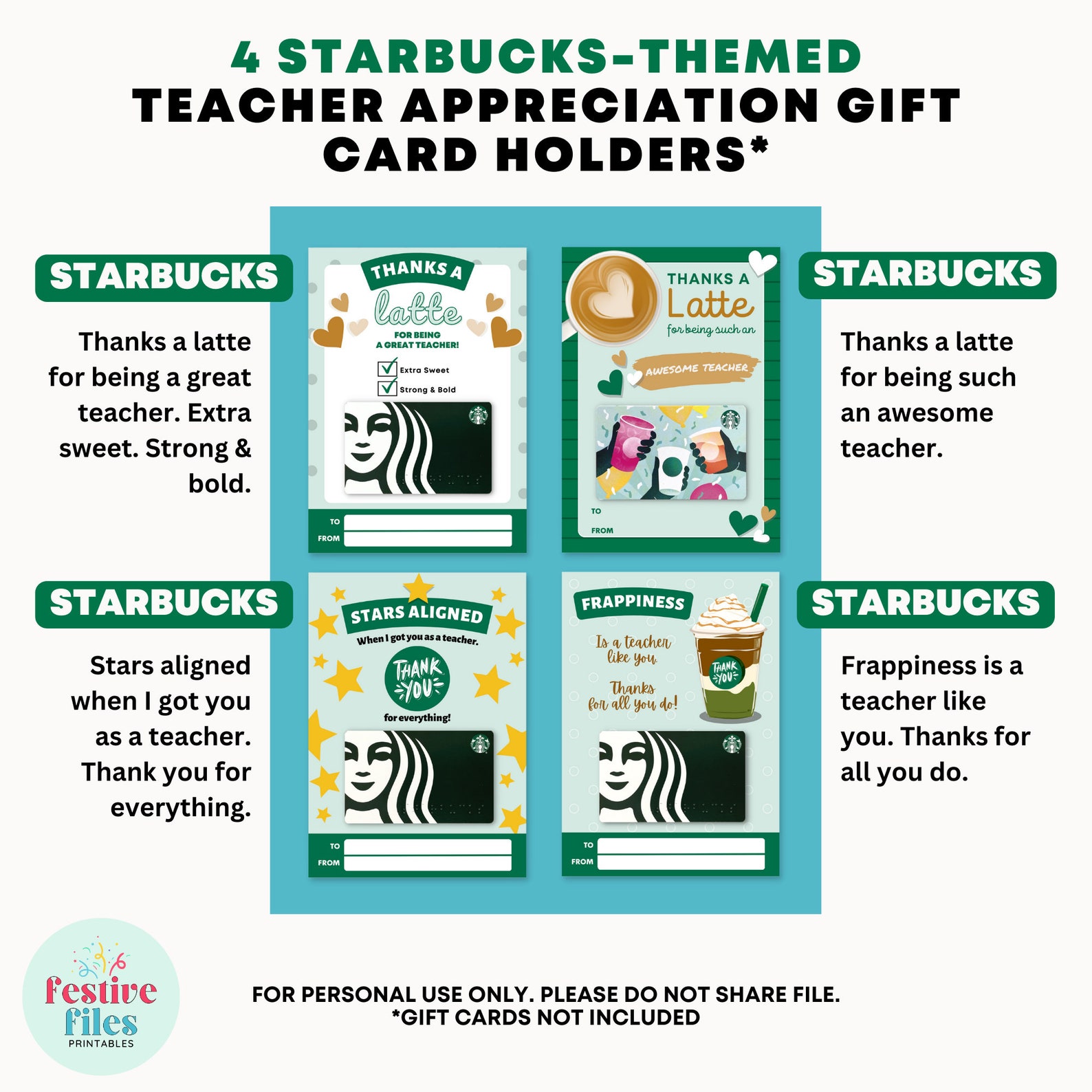 Teacher Gift Card Holder Multi-pack Starbucks Gift Card Holders Teacher ...