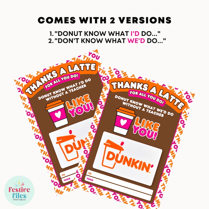 Teacher Gift Card Holder for Dunkin Donuts (printable) - Teacher ...