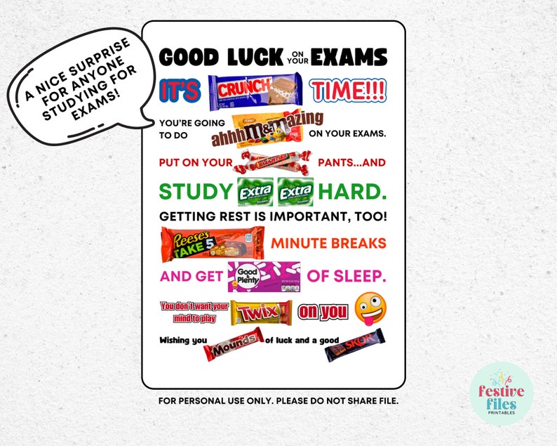Final Exams Candygram for College & High School Students - Printable ...
