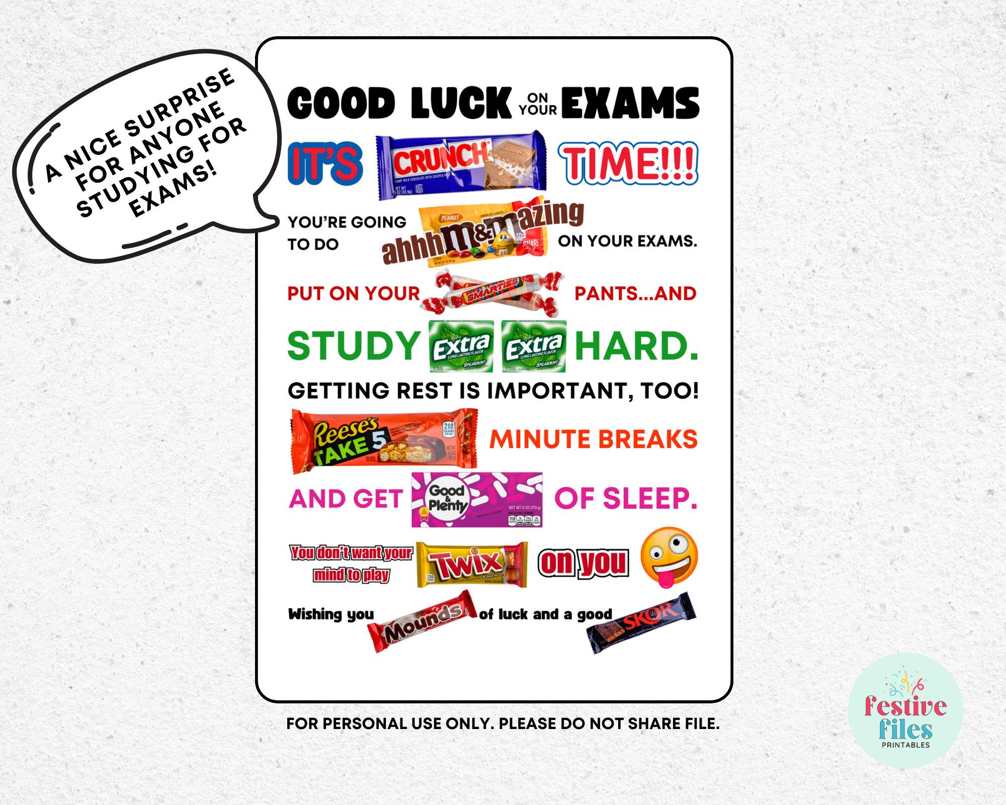Final Exams Candygram for College & High School Students - Printable ...