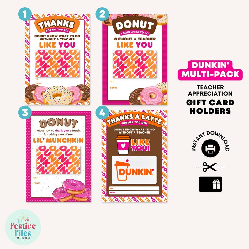 Multi-pack of Teacher Gift Card Holders for Dunkin Donuts (printable ...