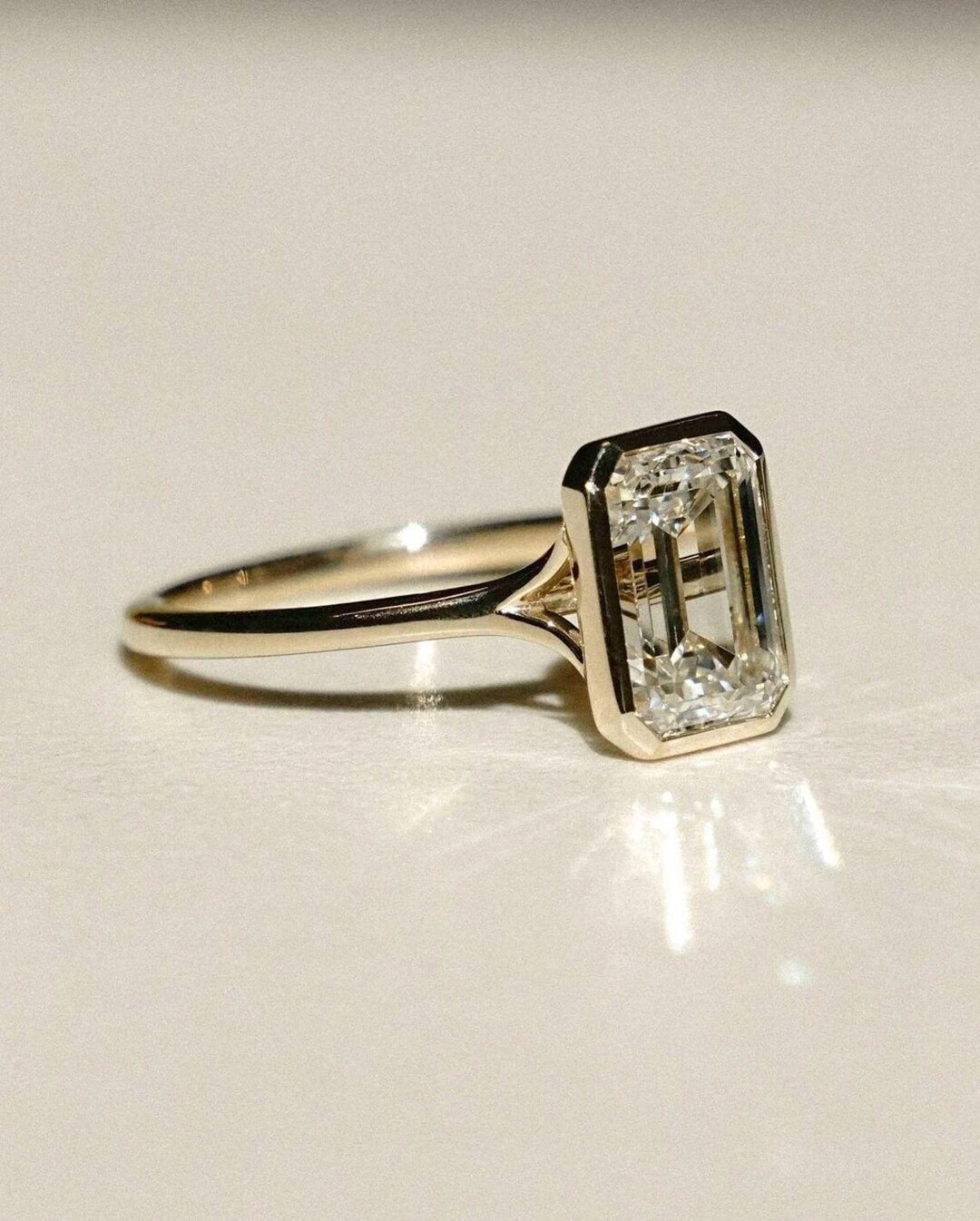 3 CT Emerald Cut Moissanite Engagement Ring 14K Gold Ring Bezel Set ...