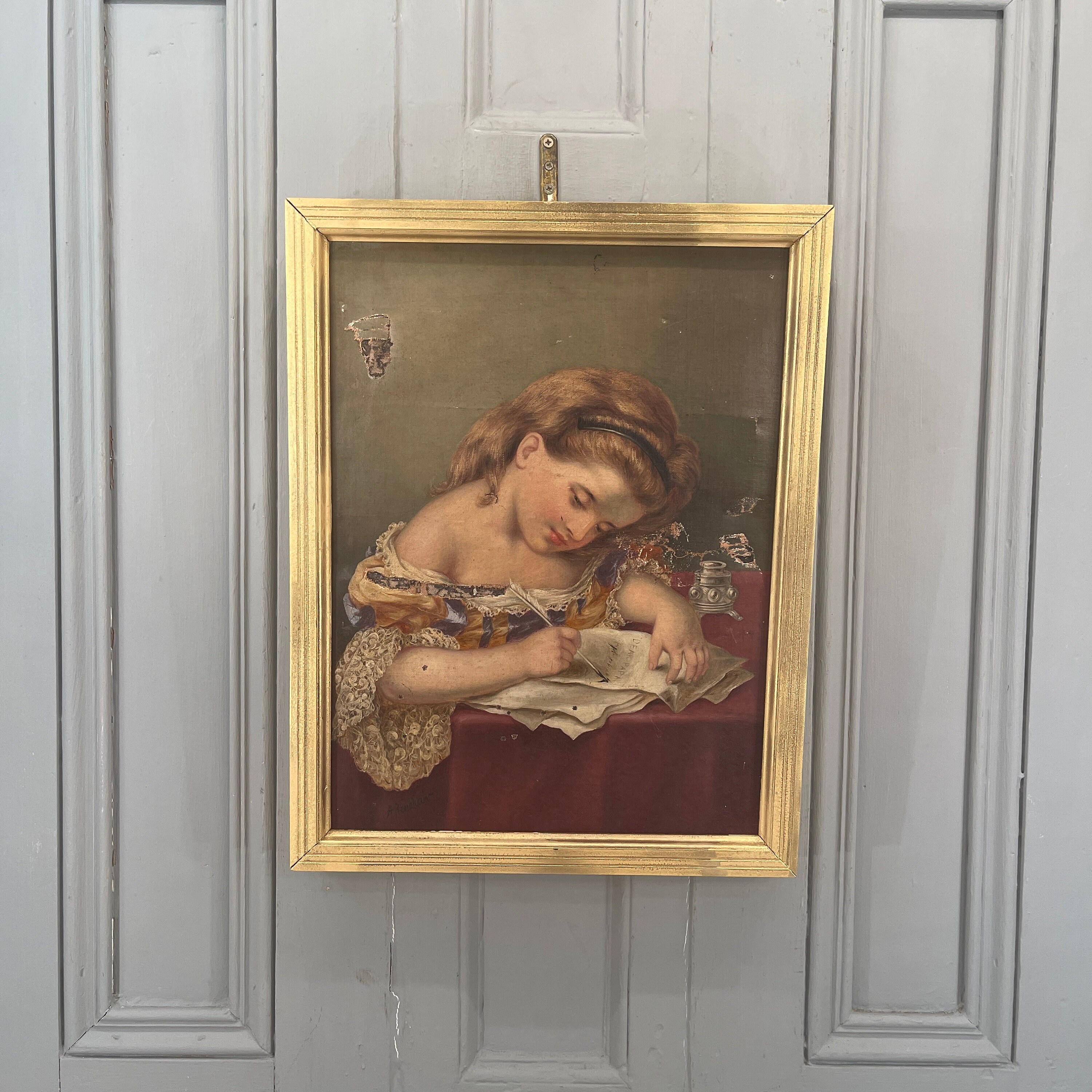 Antique Distressed French Oil Painting Portrait Study of a Young Girl ...
