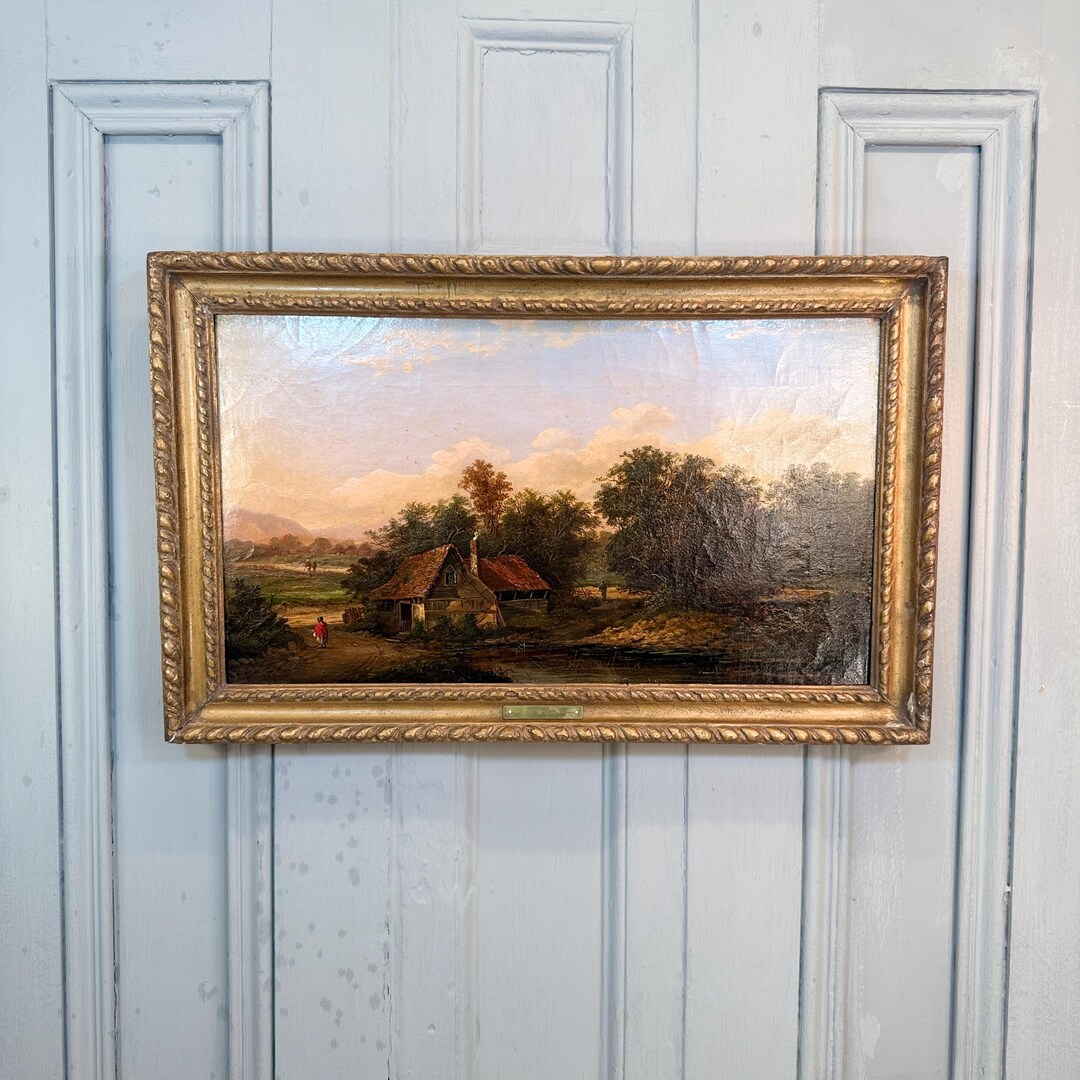 Antique Landscape Oil Painting With Cottages at Sunset by William Henry ...