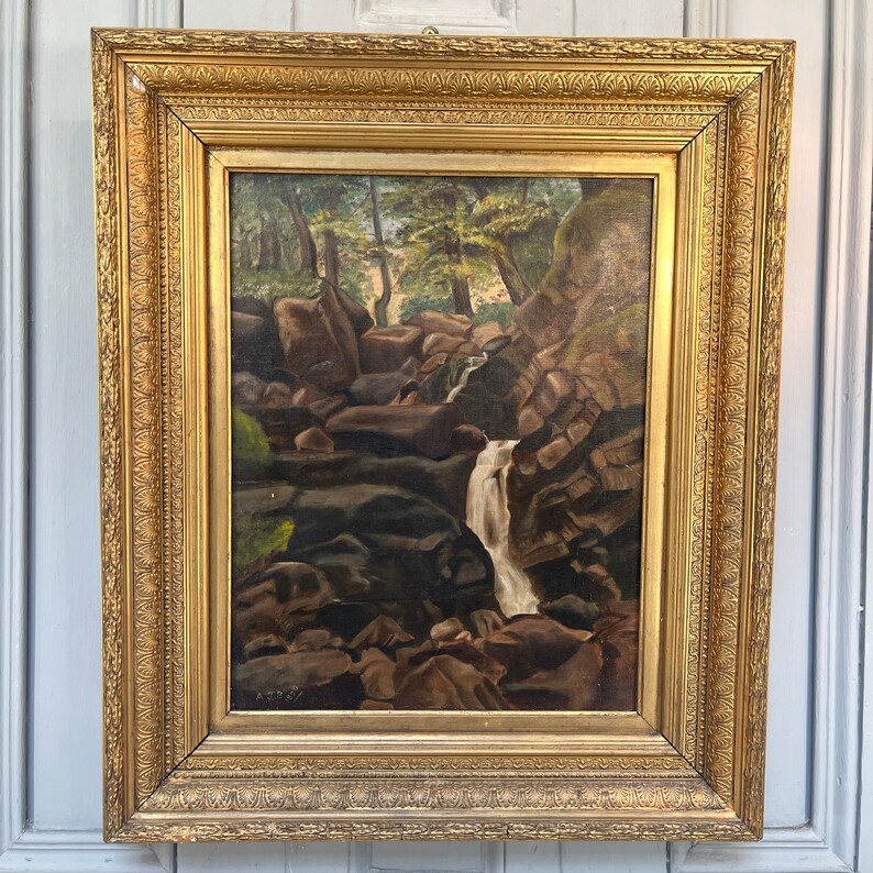 Antique Victorian River Landscape Oil Painting Study of a Waterfall ...