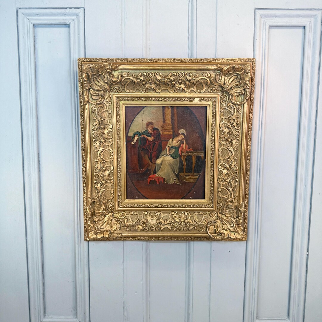 Antique Continental Oil Painting Portrait Study of Gent Reading to Lady ...