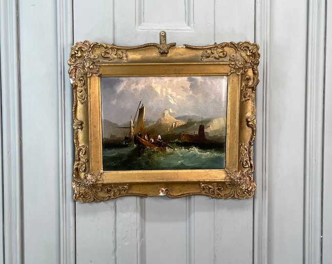 Antique Victorian Coastal Seascape of Sailors in Rowing Boat in Heavy ...