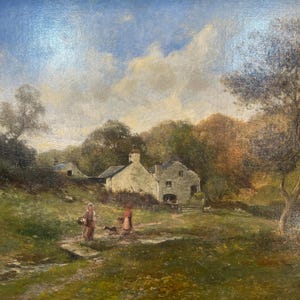 Antique Landscape Oil Painting of Farmhouse With Figures Signed ...