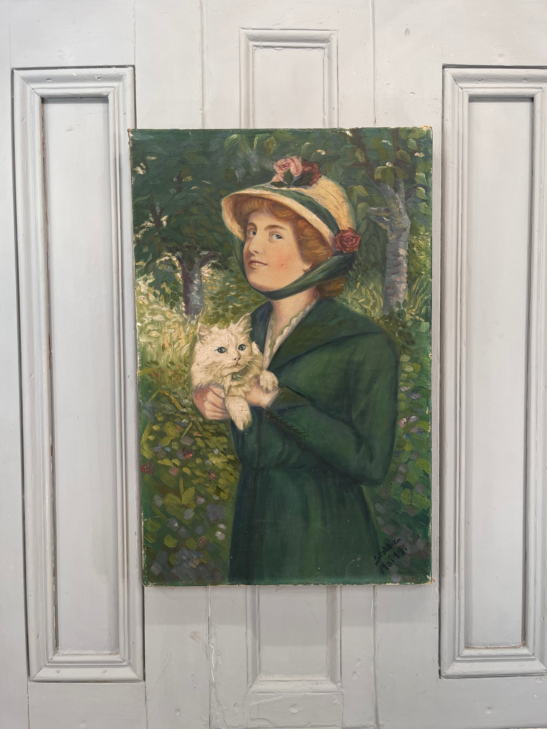Antique French Oil Painting Portrait of Girl in Bonnet With Her Cat ...