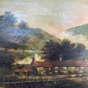 Large Antique Landscape Oil Painting of Monsal Dale Village, Derbyshire ...