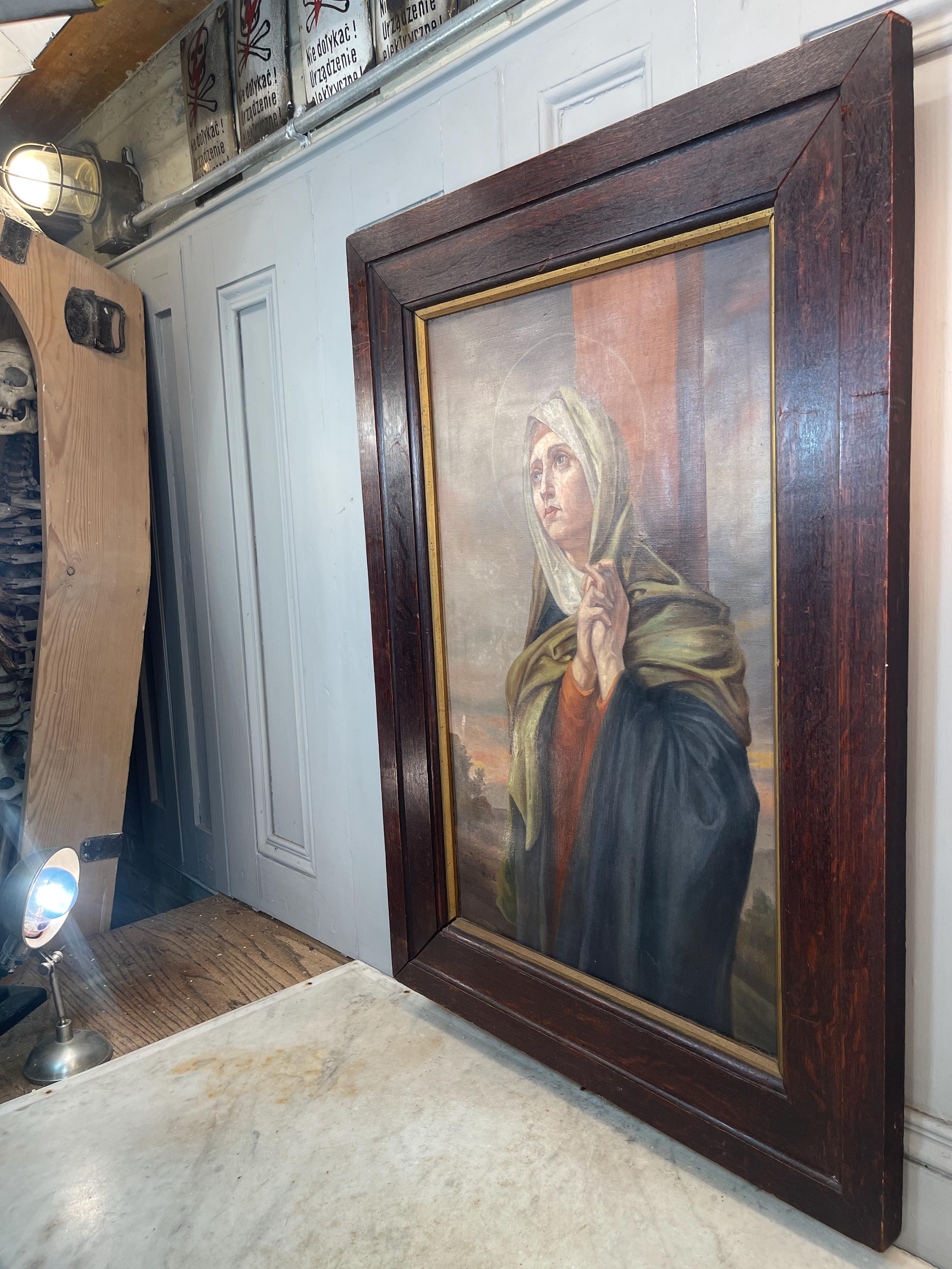 Large Antique Oil Painting Portrait of Mary at the Foot of the Cross ...