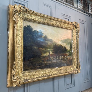 Large Antique Landscape Oil Painting of Monsal Dale Village, Derbyshire ...