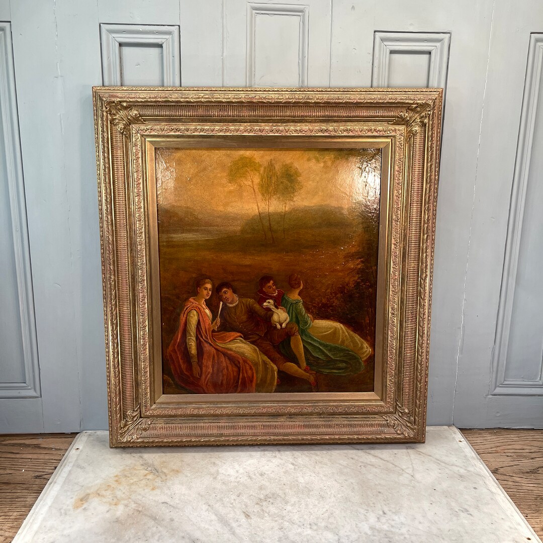 Large Antique Early Victorian Oil Painting Study of a Country Outing of ...