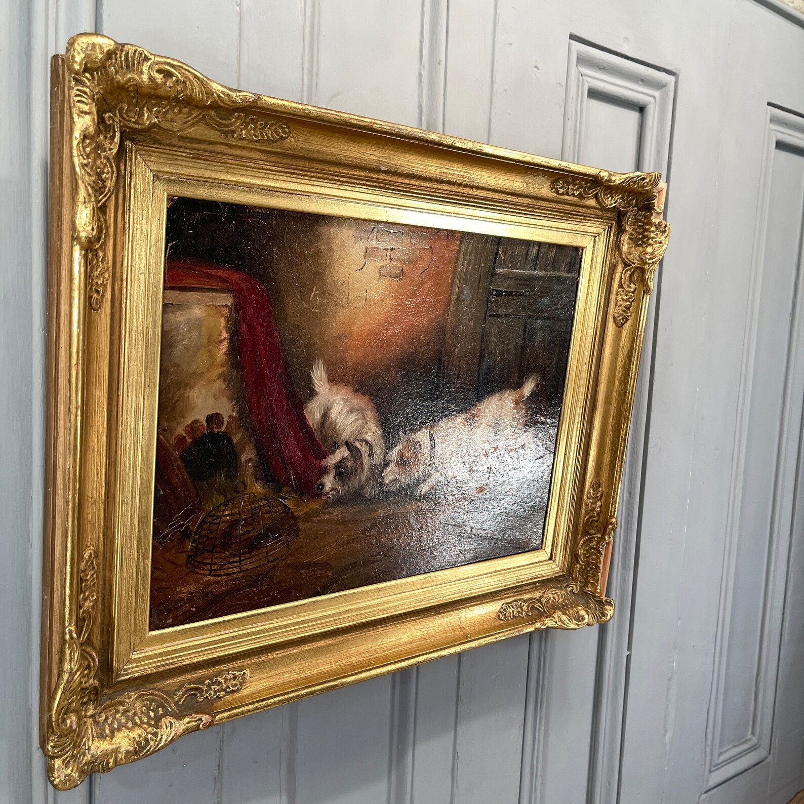 Antique Signed Victorian Oil Painting Study of Inquisitive Terrier Dogs ...