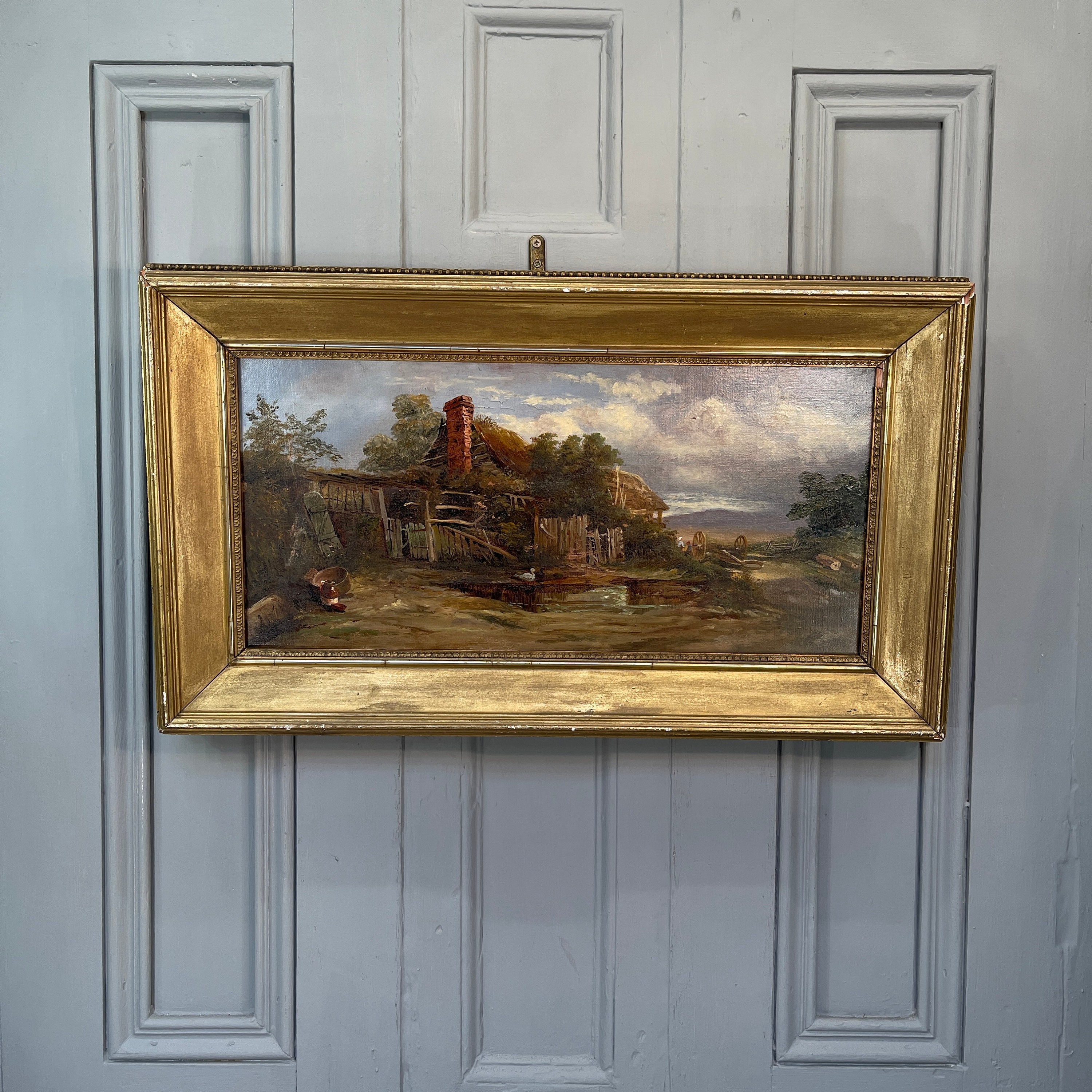 Antique Victorian Landscape Oil Painting of Tumbledown Cottage With ...