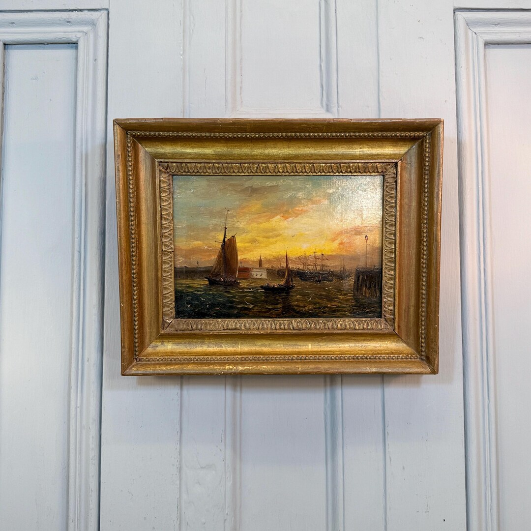 Antique Coastal Seascape With Sailing Boats and Tall Sailing Ship at ...