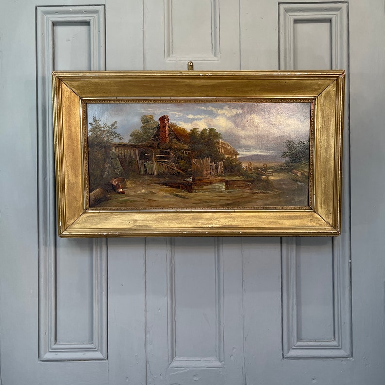Antique Victorian Landscape Oil Painting of Tumbledown Cottage With ...