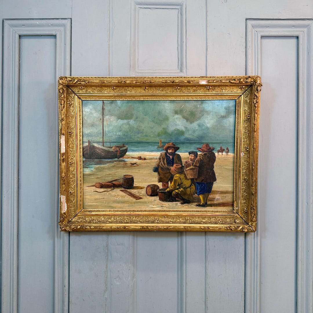 Antique Coastal Seascape of Sailors on the Beach Signed R Rowland - Etsy UK