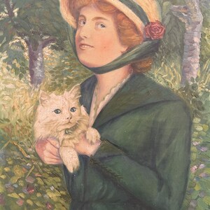 Antique French Oil Painting Portrait of Girl in Bonnet With Her Cat ...