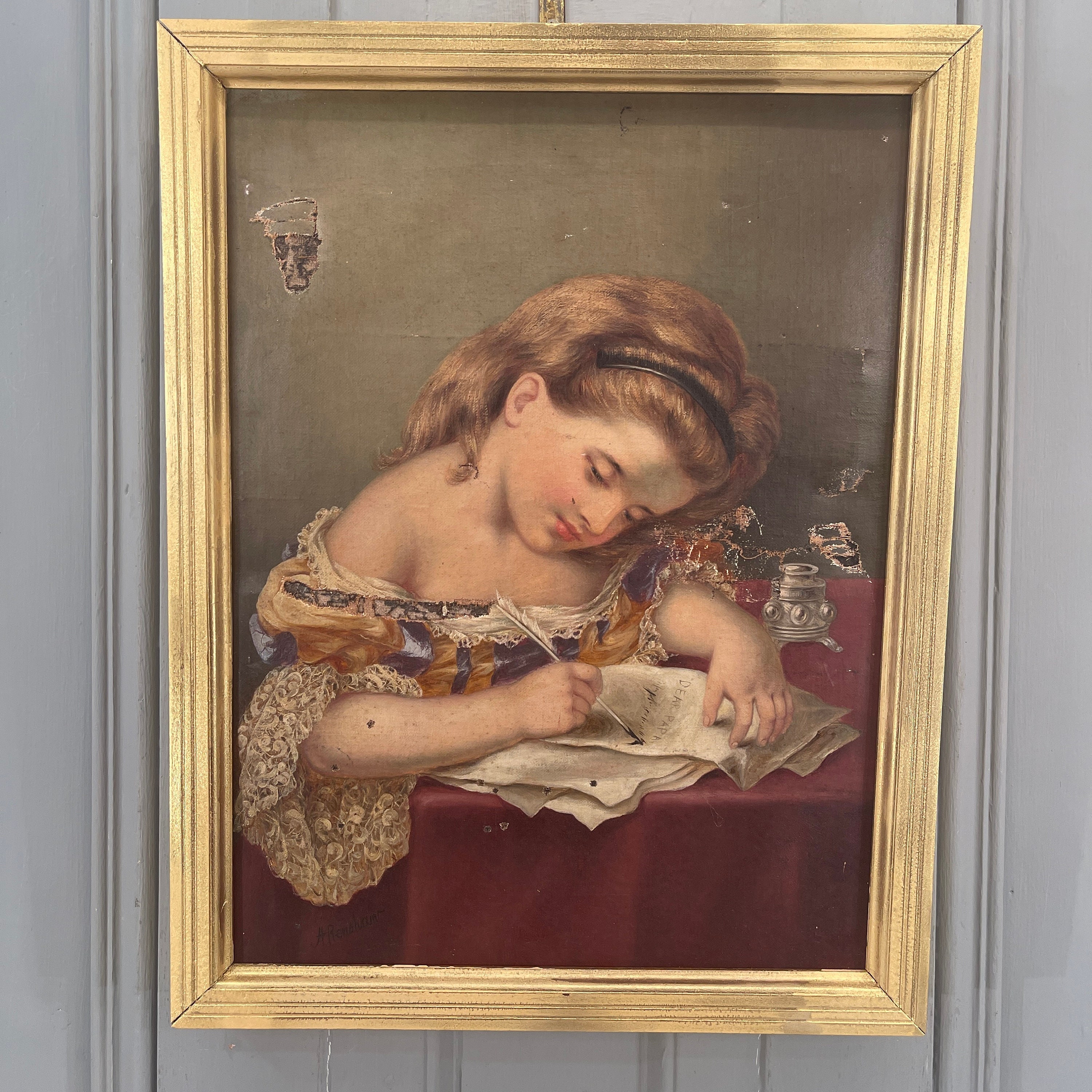 Antique Distressed French Oil Painting Portrait Study of a Young Girl ...