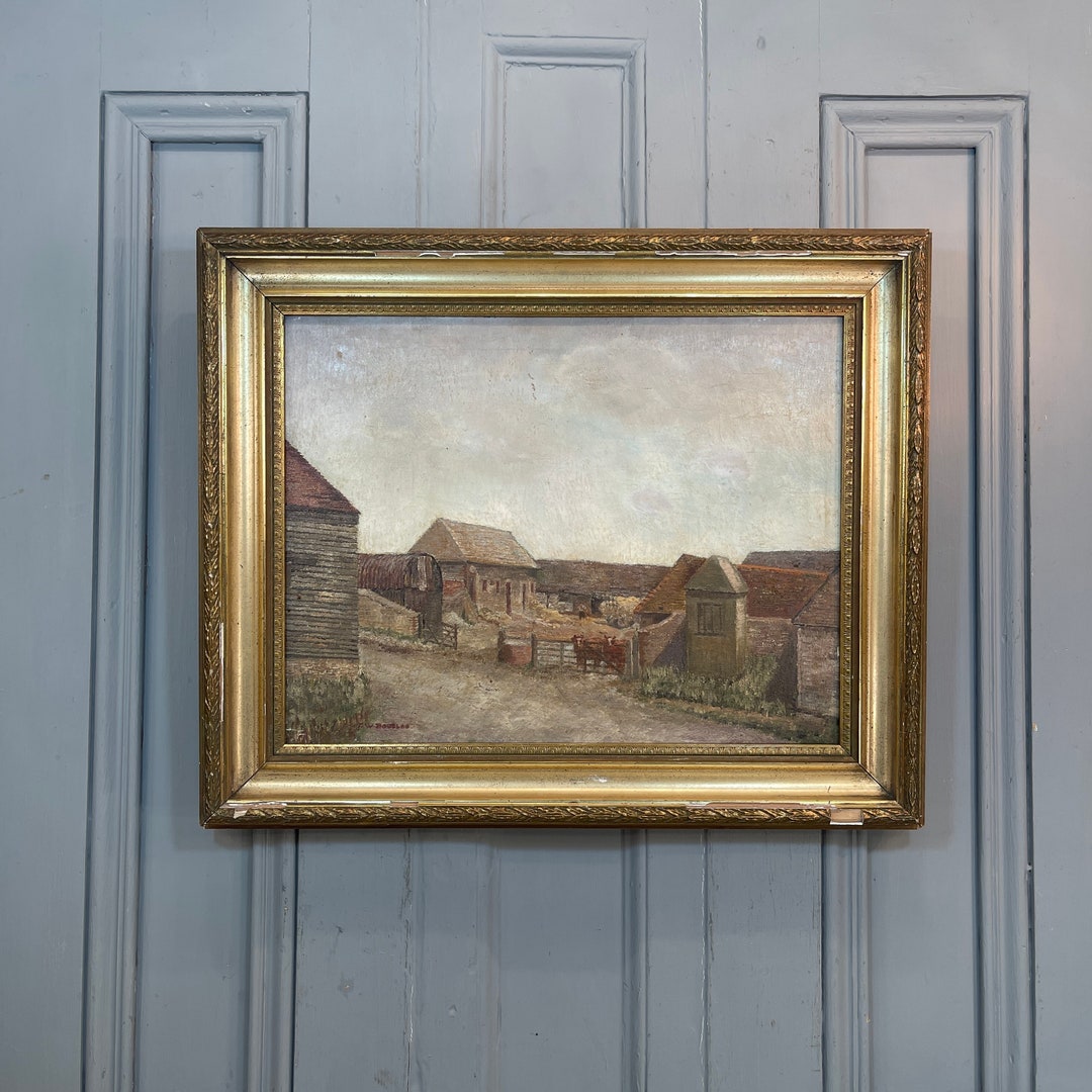Antique Landscape Oil Painting of Farmyard With Cows Entitled Downs ...