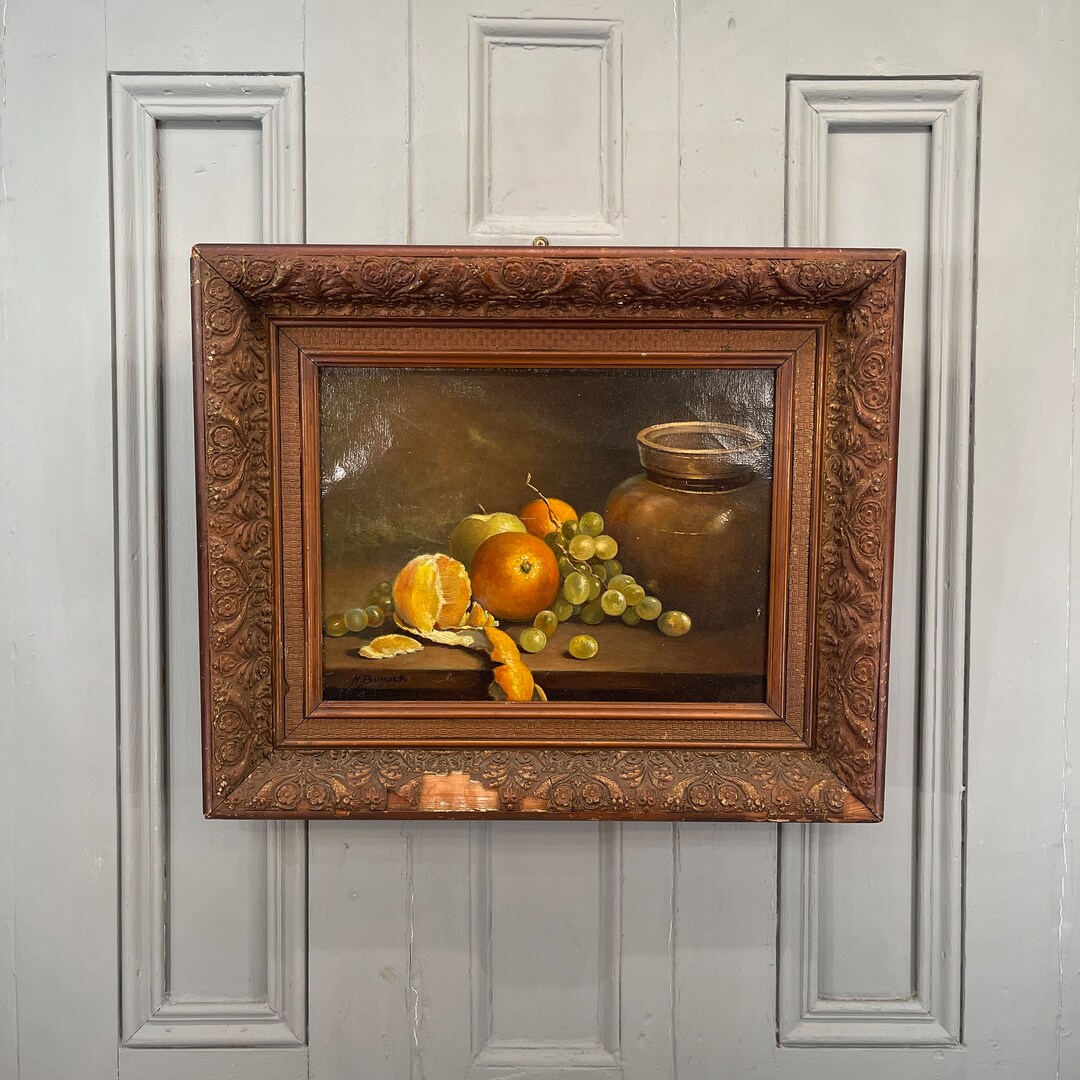 Large Antique Still Life Oil Painting of Fruit and Jar Signed H Bullock ...