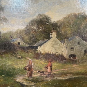 Antique Landscape Oil Painting of Farmhouse With Figures Signed ...