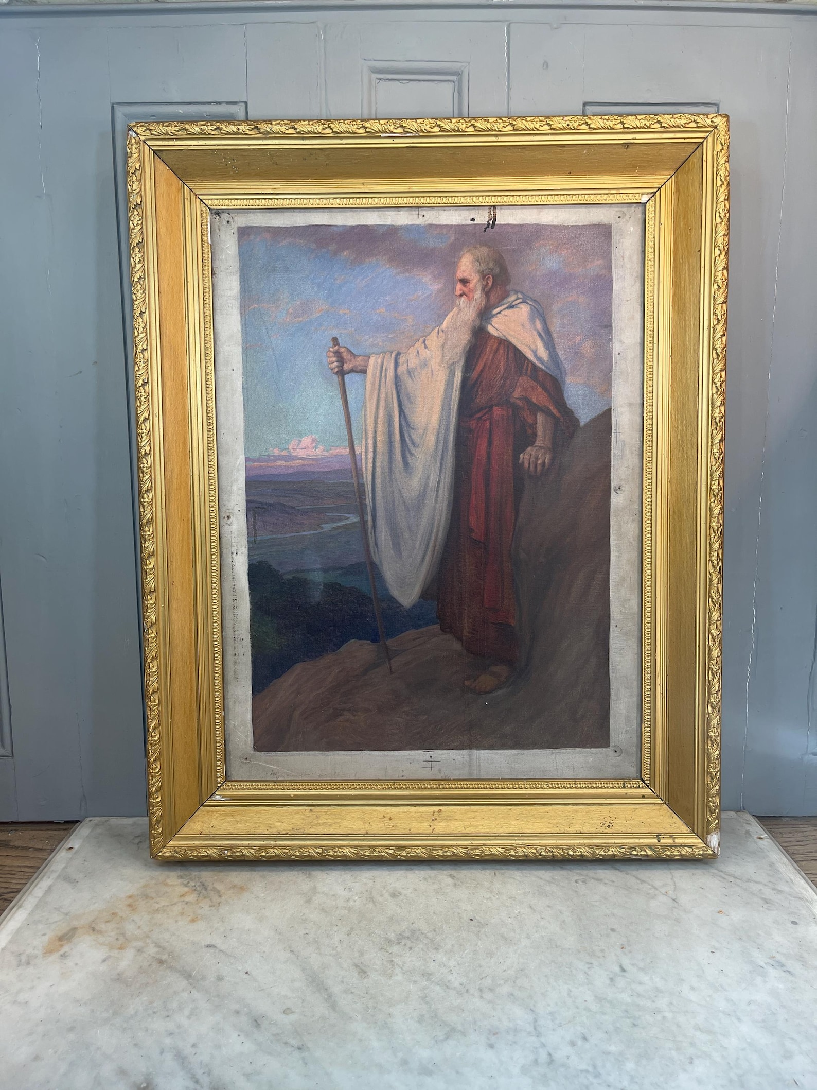 Large Antique Pre-raphaelite Oil Painting Portrait of Moses on Mount ...