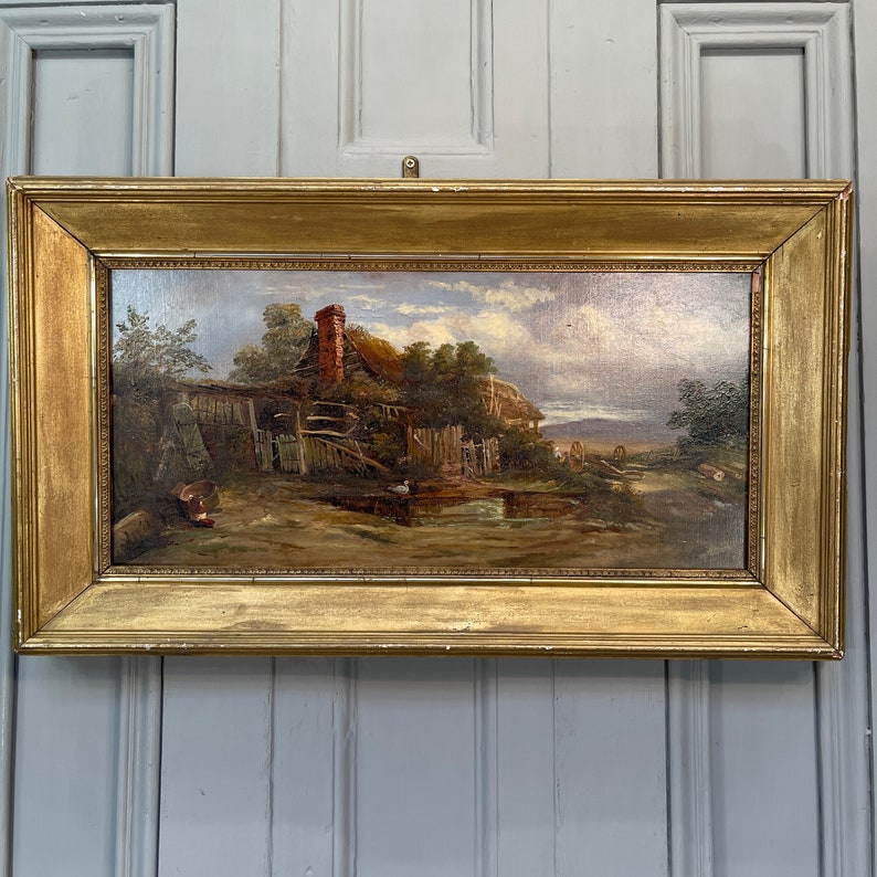 Antique Victorian Landscape Oil Painting of Tumbledown Cottage With ...