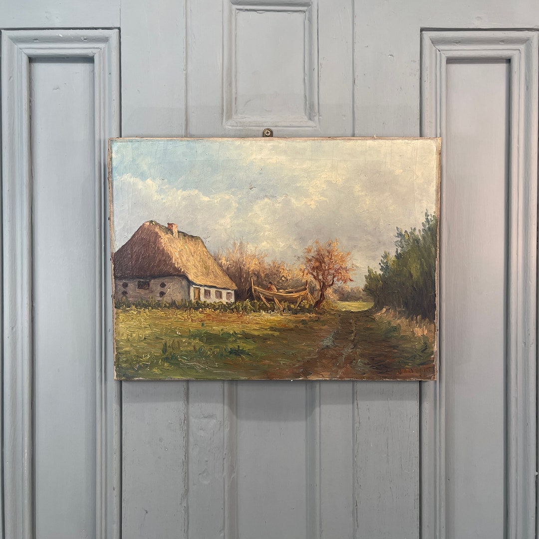Antique Signed Dutch Impressionist Landscape Oil Painting of Cottage ...