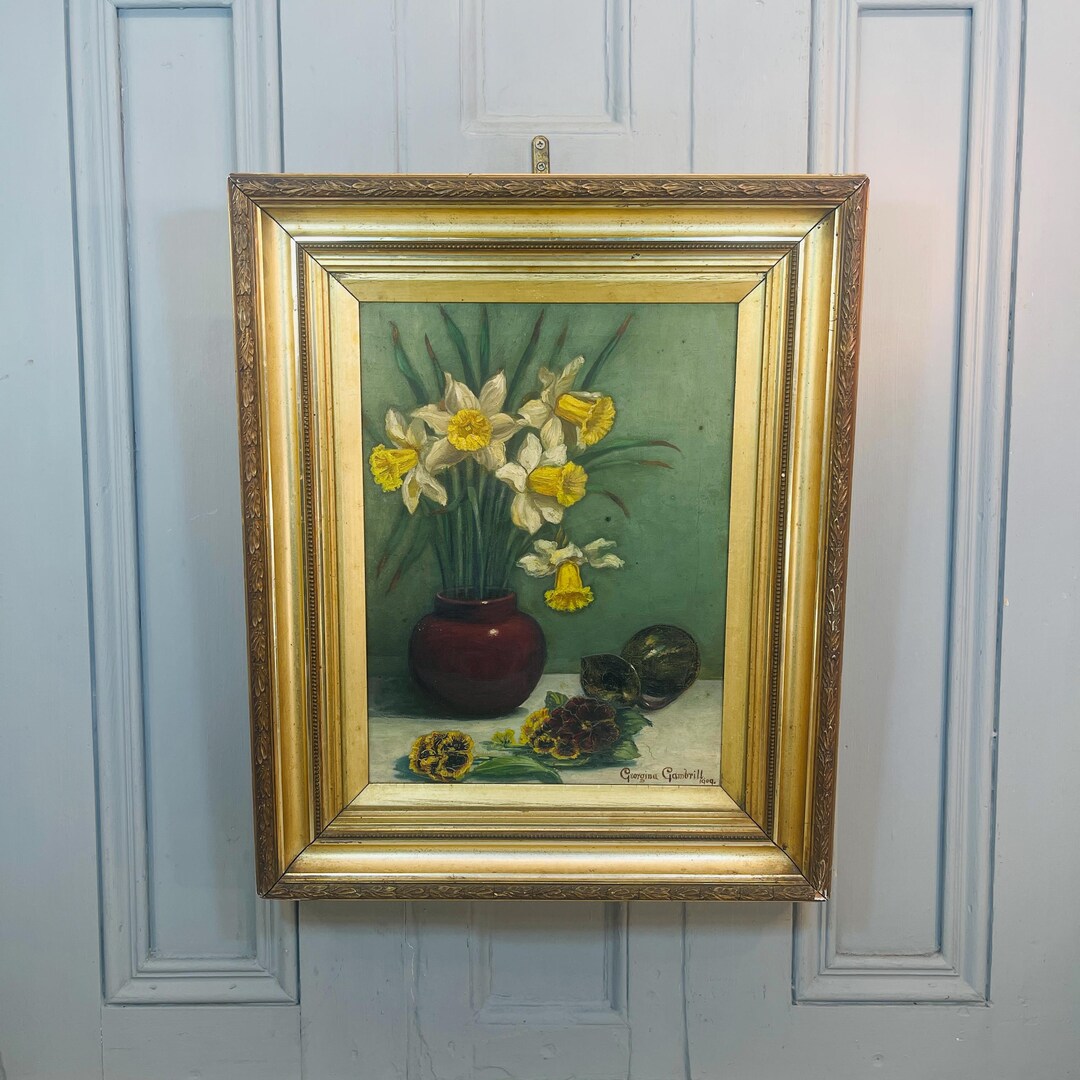 Antique Still Life Oil Painting Study of Vase of Daffodils by Georgina ...