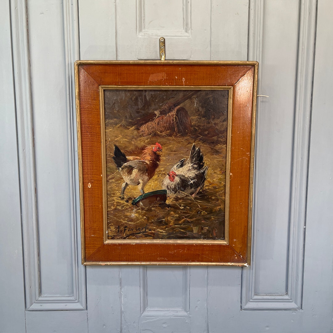 Antique French Oil Painting Study of Rooster and Chicken - Etsy