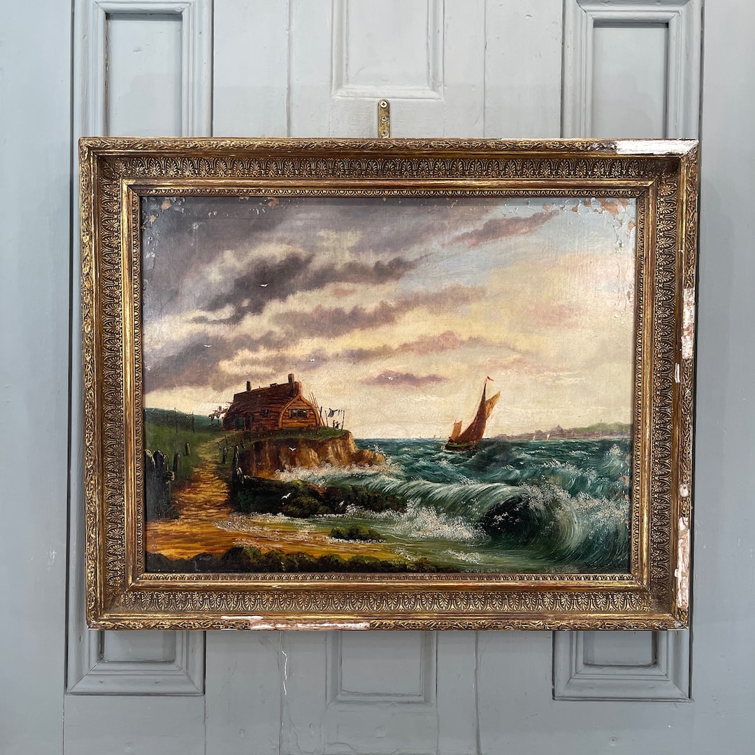 Antique Coastal Landscape Oil Painting Study of Peggotys Boathouse From ...