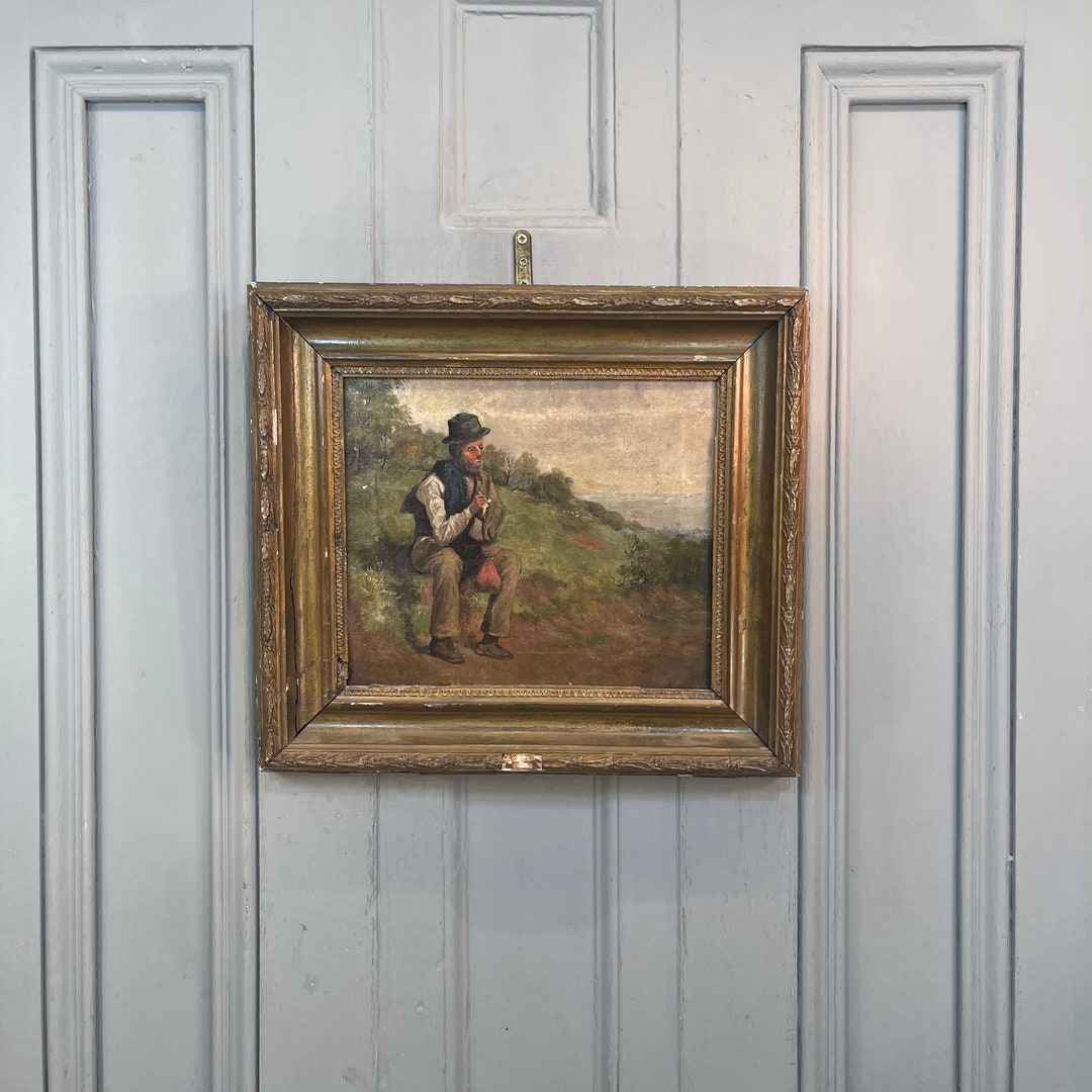 Antique Landscape Oil Painting Study of a Country Gent in Hat Smoking ...
